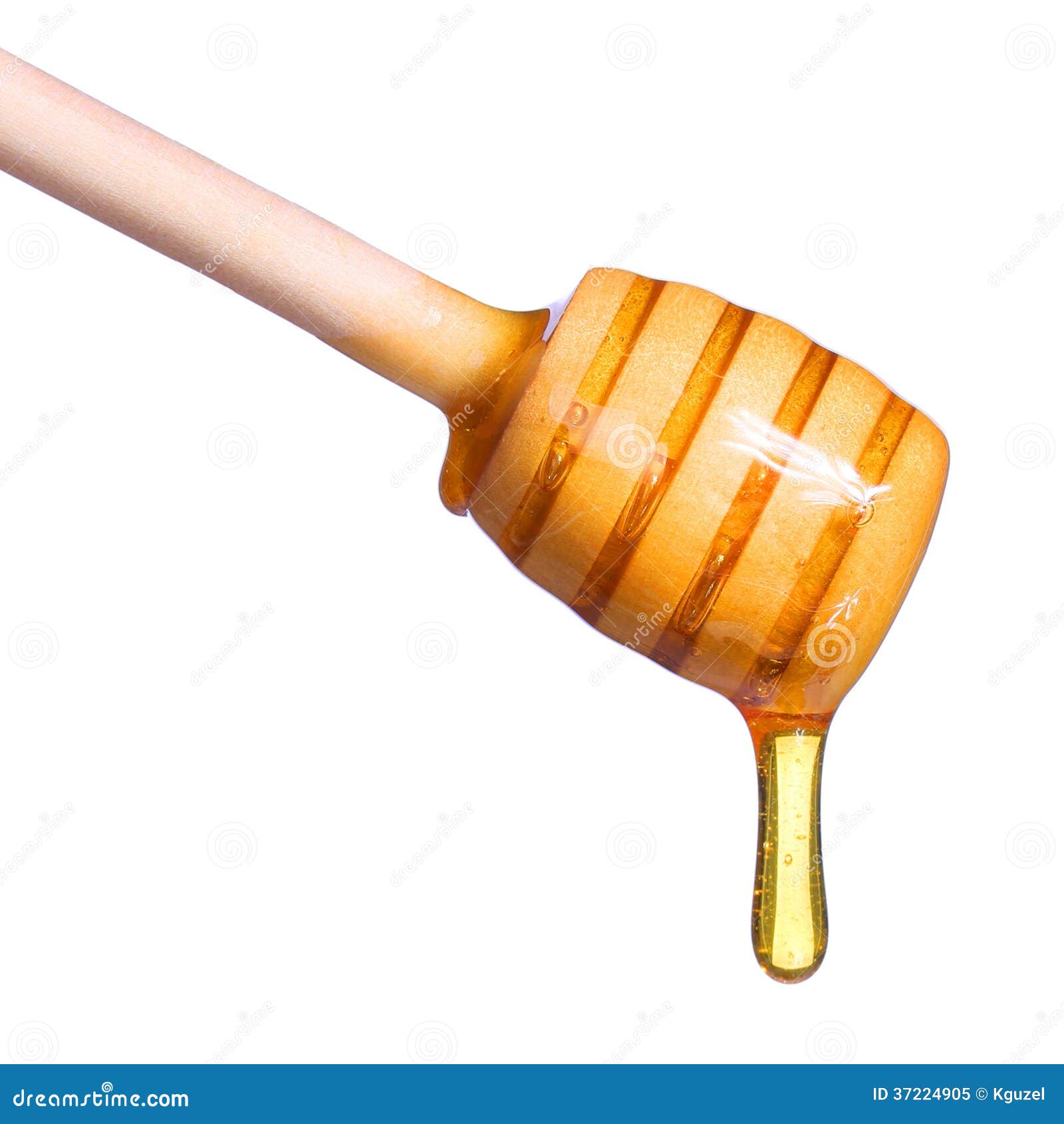 Honey Dripping From Wooden Honey Dipper Isolated On White Stock Image