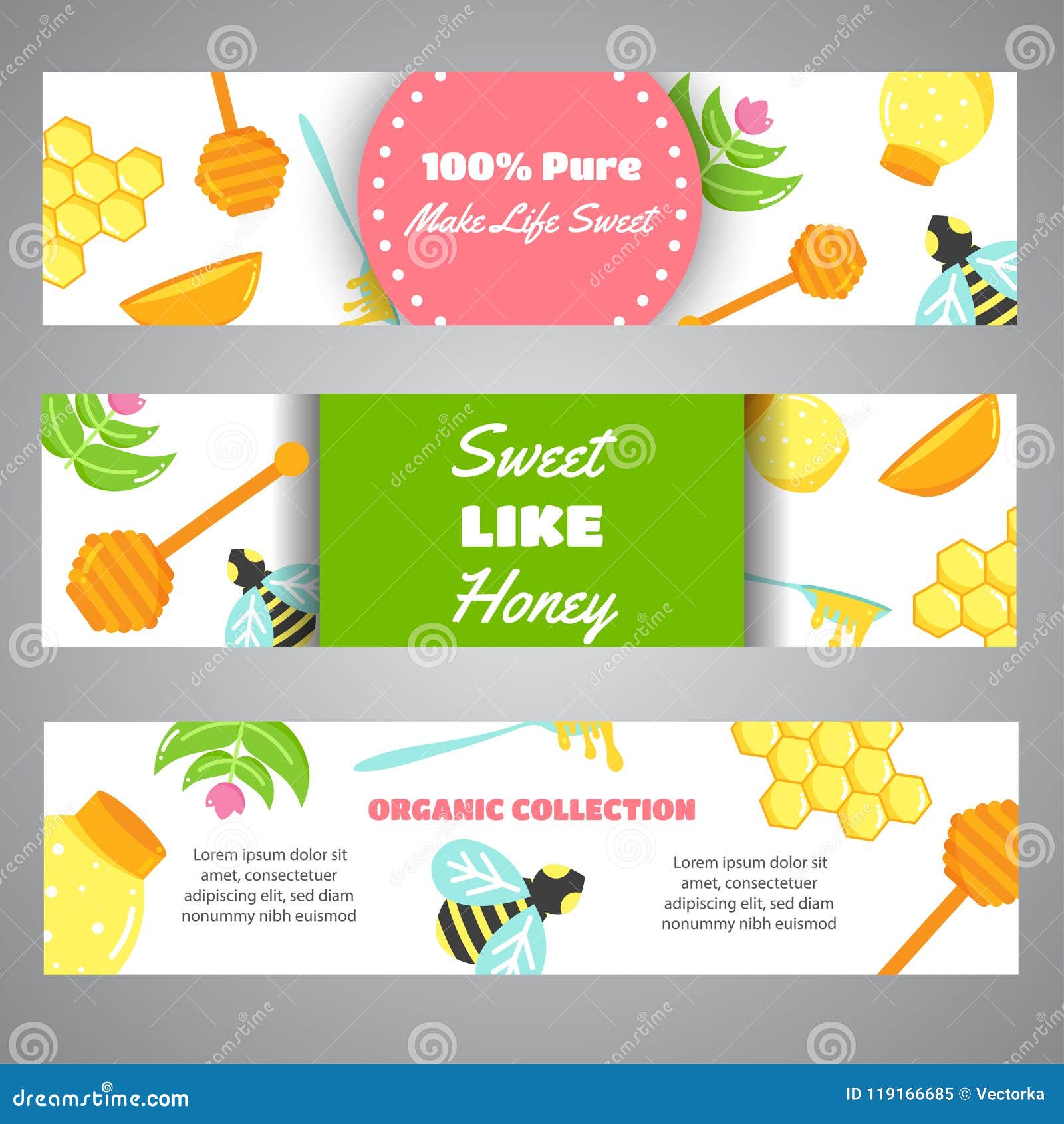 Honey Horizontal Banners with Flat Honey Elements. Poster with Bee ...