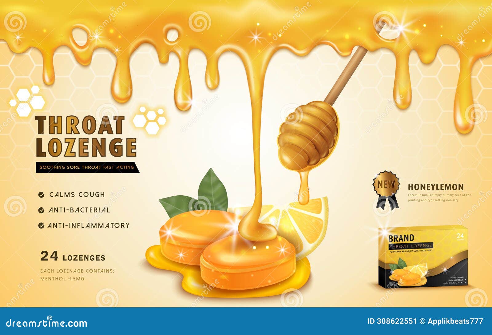 Throat Lozenge, Lemon Cough Drops Mock Up Banner Cartoon Vector ...