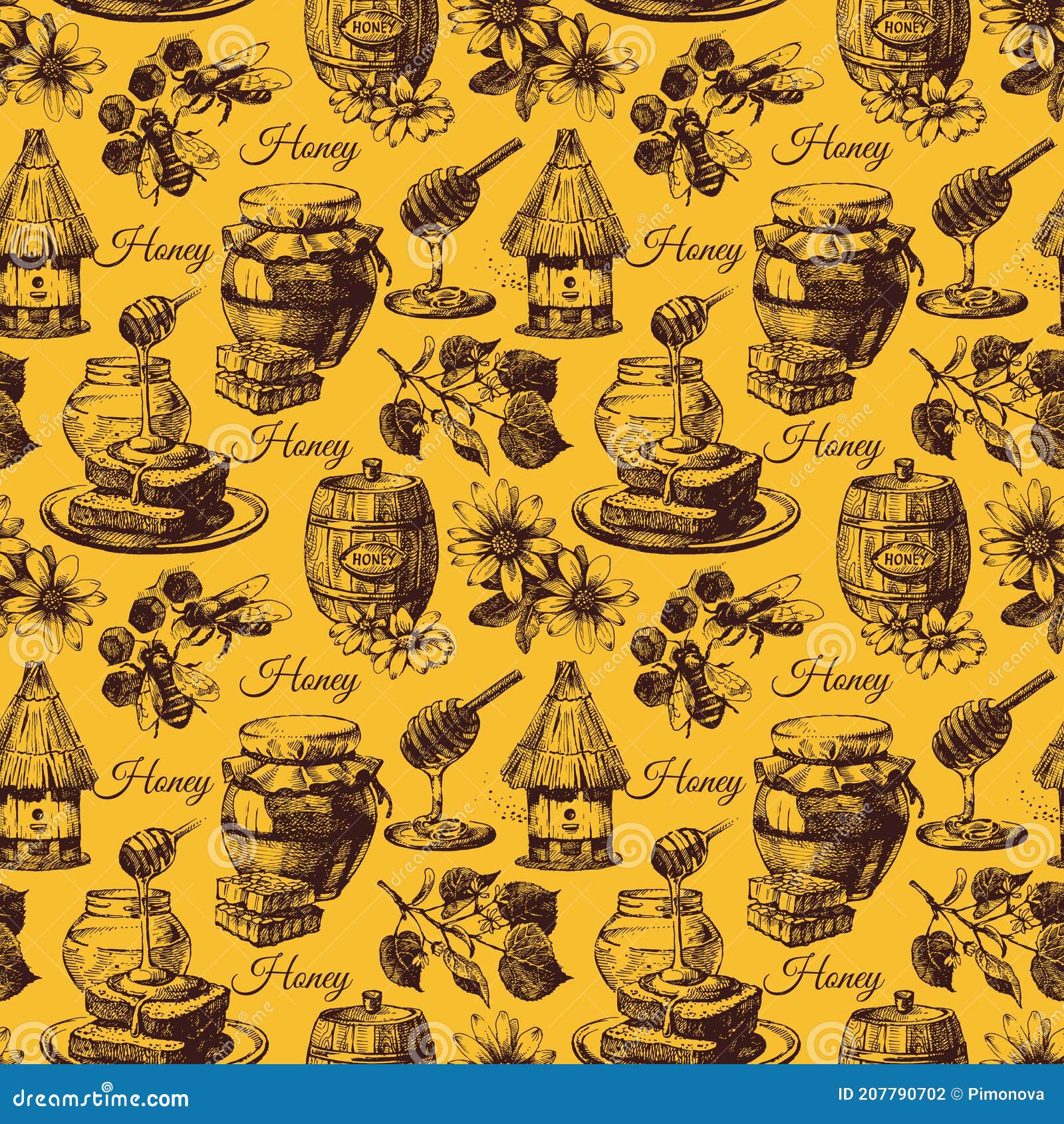 Honey Seamless Pattern with Hand Drawn Sketch Illustration Stock ...