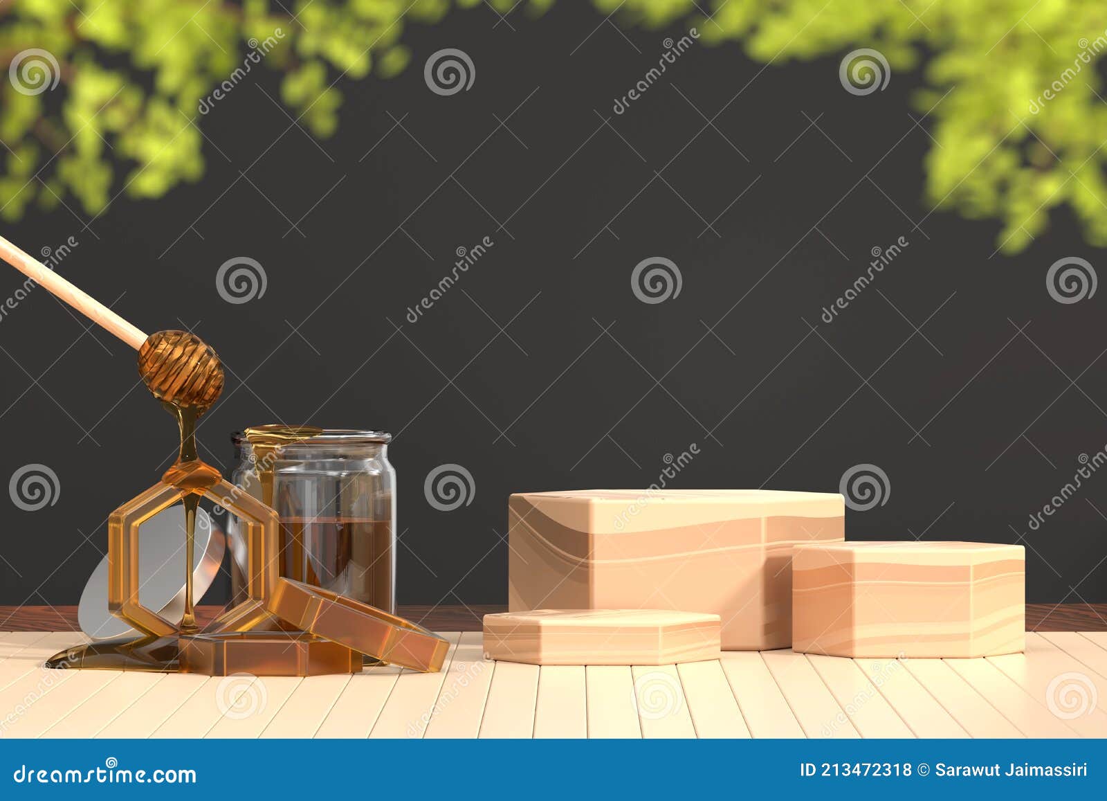 Honey Syrup and Wooden Platform Banner Backdrop 3D Render Stock ...