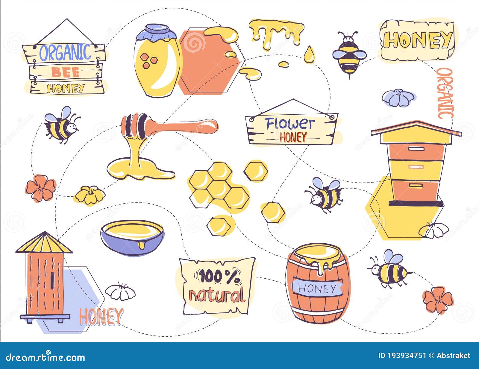 Honey Vector Set. Hand-drawing Elements of the Apiary. a Set of Doodles ...
