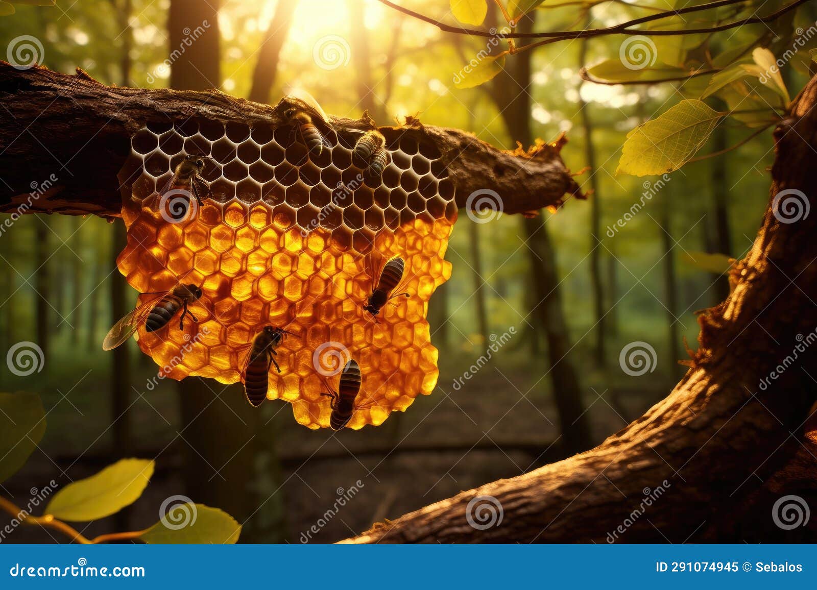 Honeycomb Hanging from a Tree Branch and Bees in a Sunlit Forest Stock ...