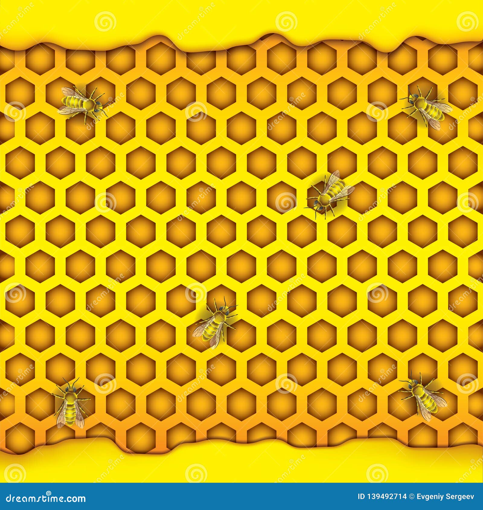 Honeycombs in the Shape of Hexagon, Puddle of Honey, Bee. Vector ...
