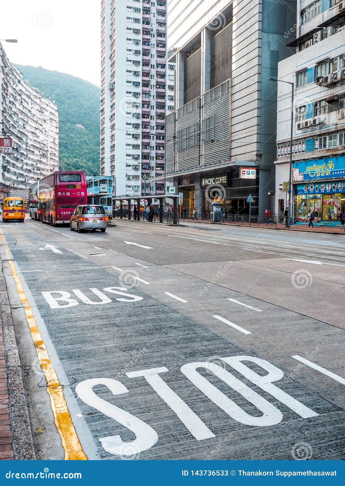 Hong Kong - December 09, 2016: Bus Stop Write on the Asphalt of Road in ...