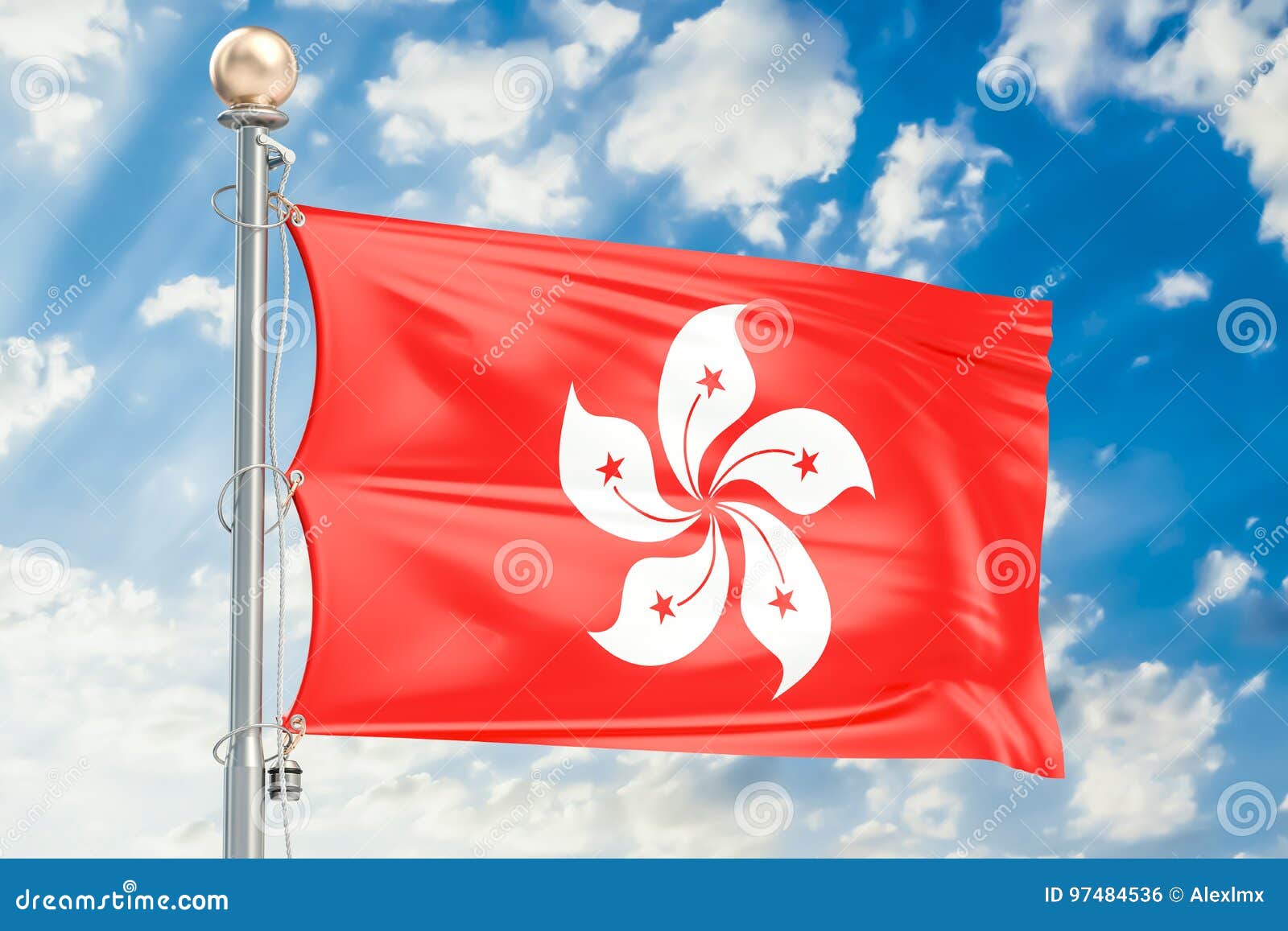 Hong Kong Flag Waving in Blue Cloudy Sky, 3D Rendering Stock ...