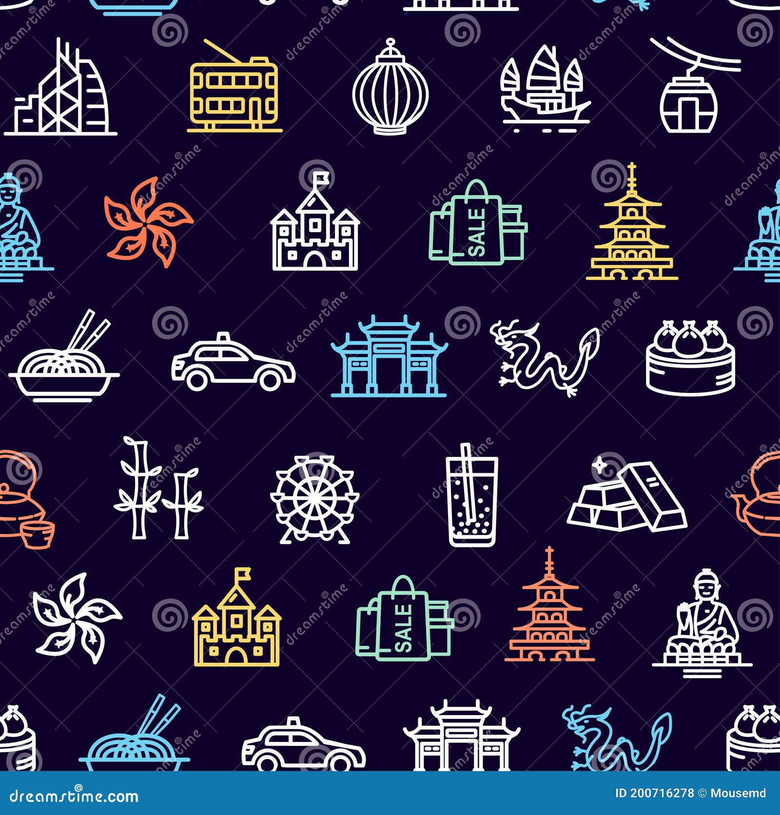 Hong Kong Signs Seamless Pattern Background on a Dark. Vector Stock ...