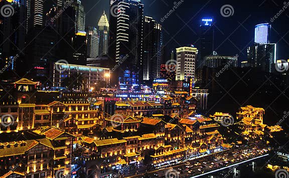 Hongya Cave Scenic Area Buildings Chongqing Night View Editorial