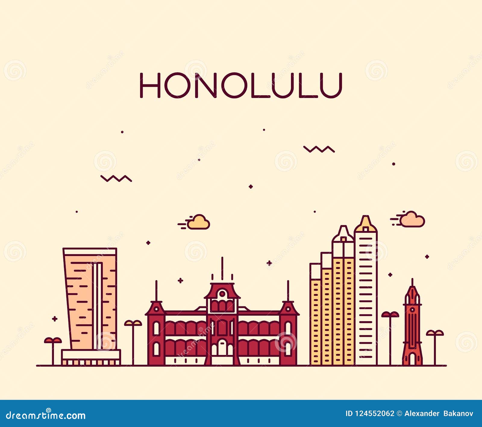 Honolulu Hawaii USA Vector Illustration Line Style Stock Vector ...