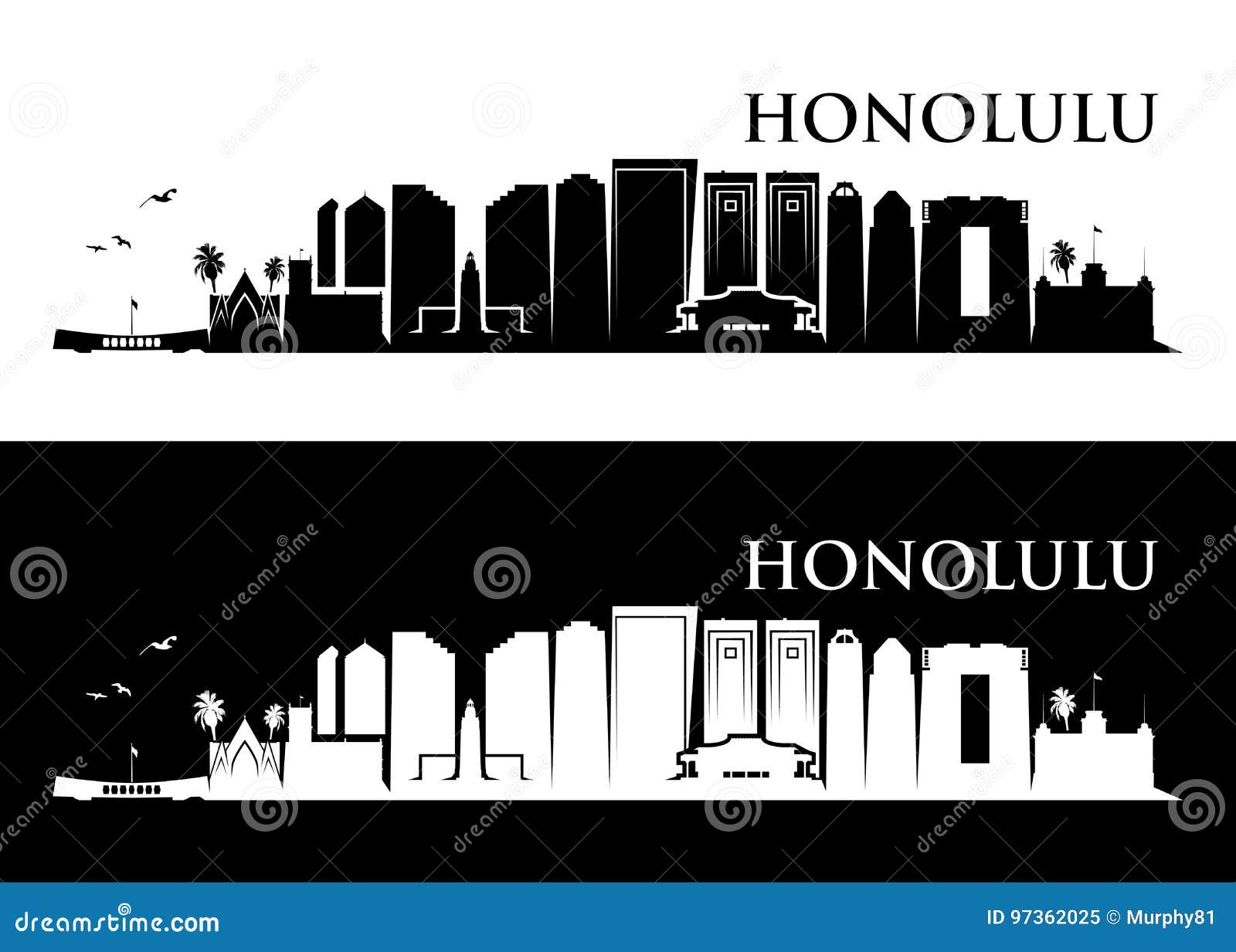 Honolulu USA Skyline And Landmarks Silhouette Cartoon Vector ...