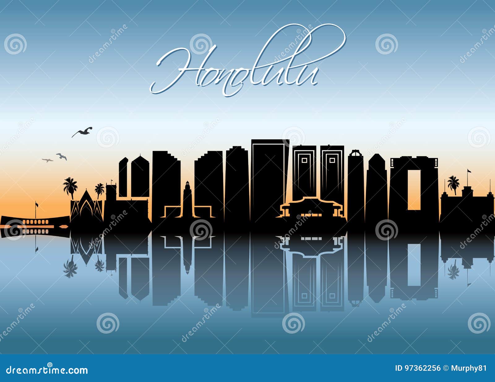 Honolulu USA Skyline And Landmarks Silhouette Cartoon Vector ...