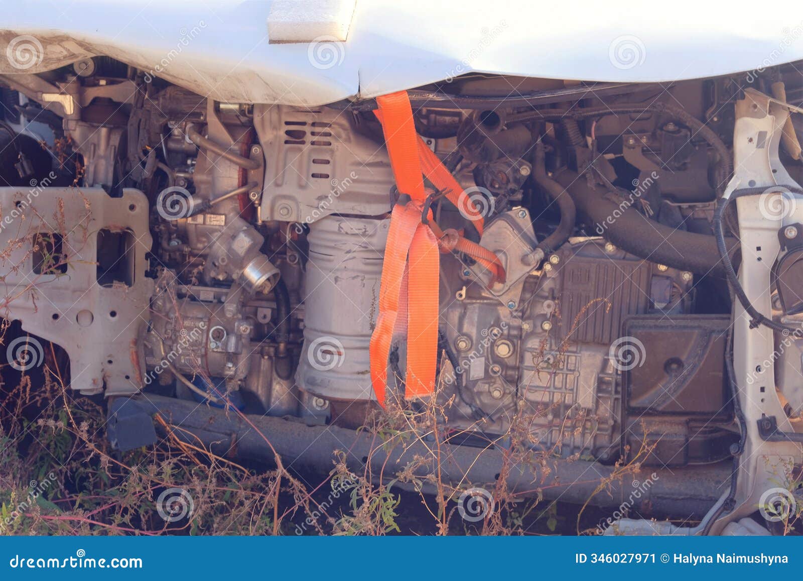 Hood and Engine Compartment of Car after a Strong Crash. Front Part of ...
