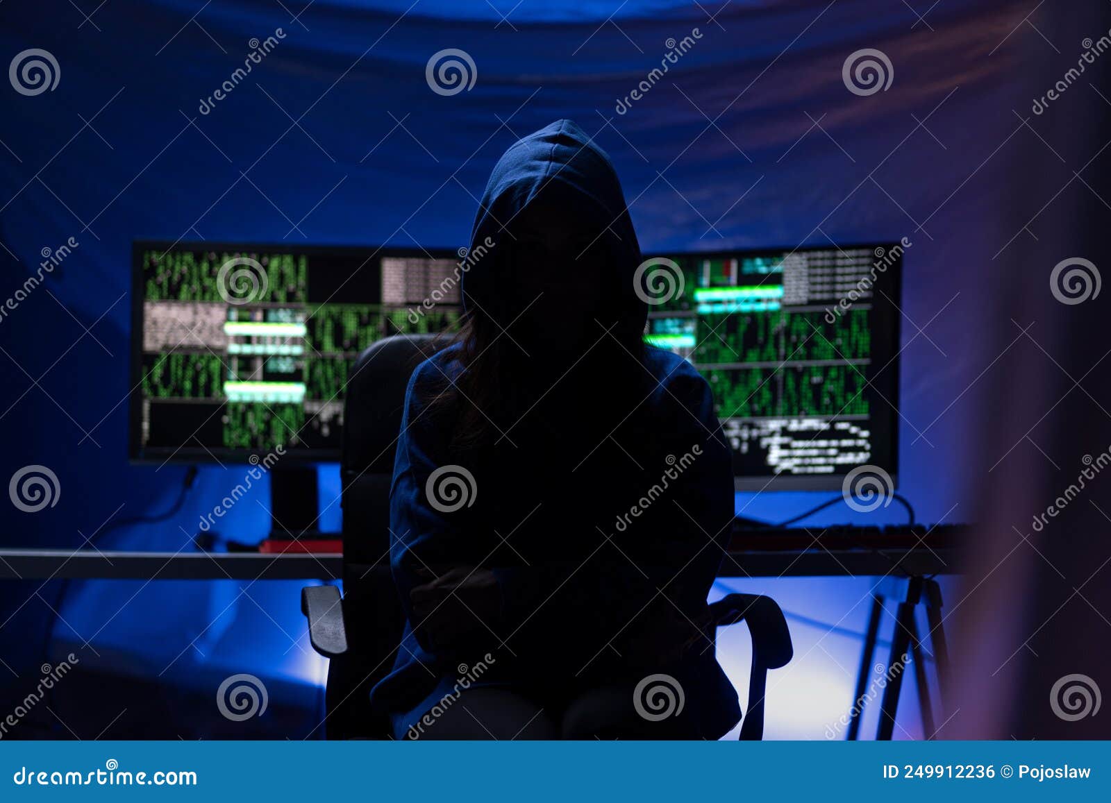 Hooded Anonymous Hacker by Computer in the Dark Room at Night, Cyberwar ...