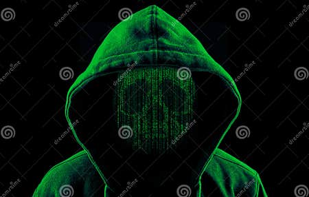 Hooded Hacker As a Skull of Computer Code - Green Gradient Stock Image ...