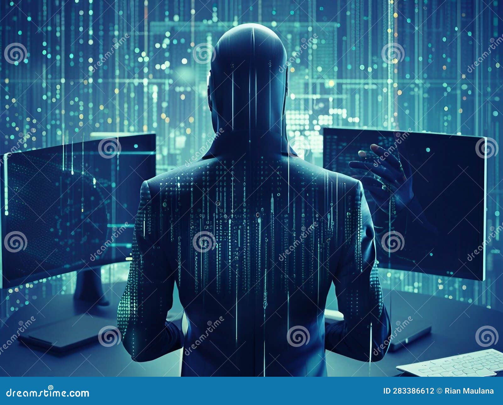 Hooded Computer Hacker in the Shadow with Binary Codes Stock ...