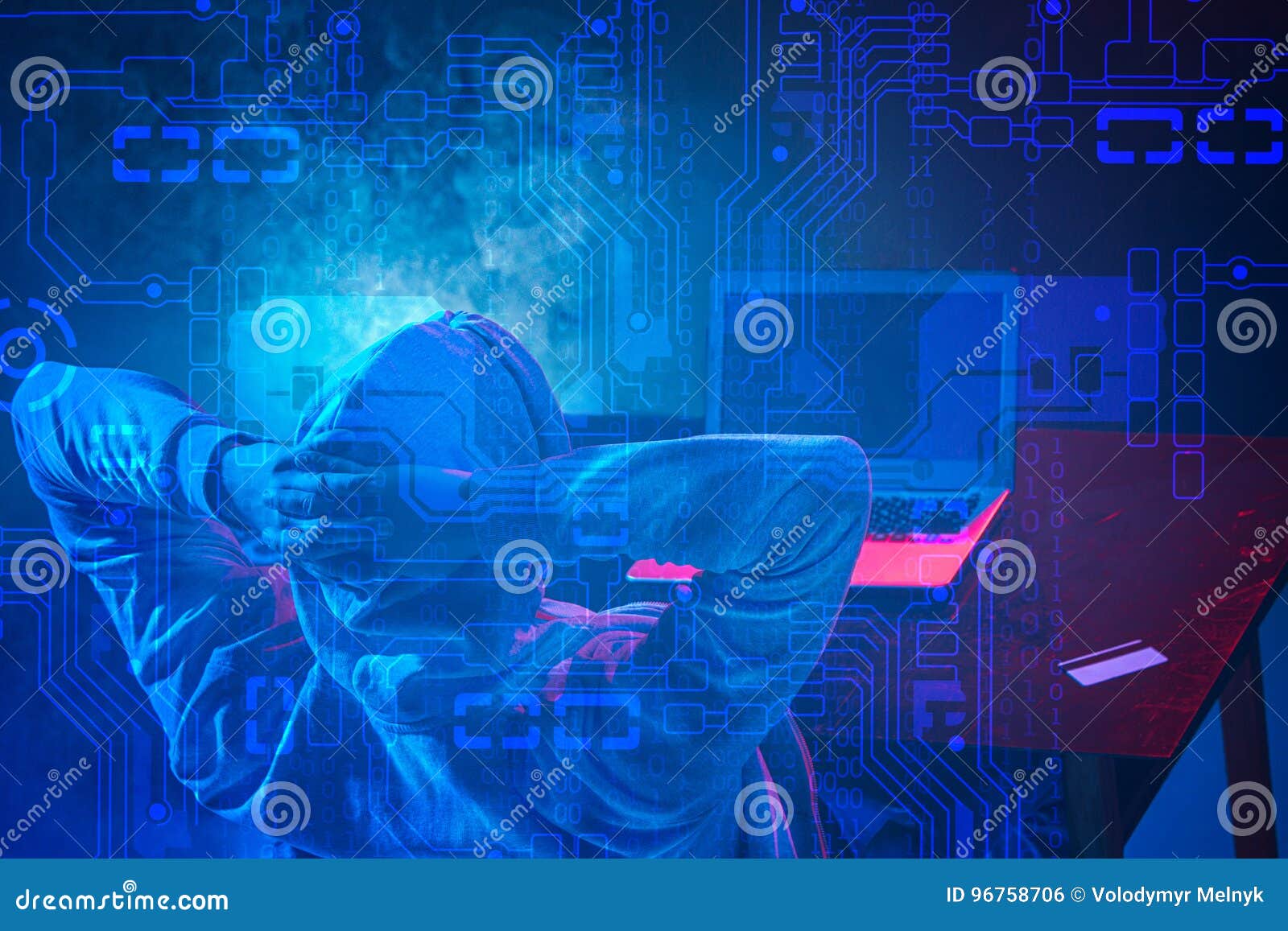 Hooded Computer Hacker Stealing Information with Laptop Stock Photo ...