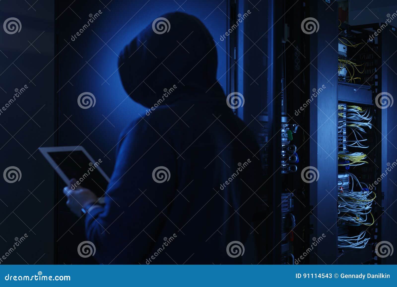 Hooded Computer Hacker Stealing Information with Tablet PC Stock Image ...