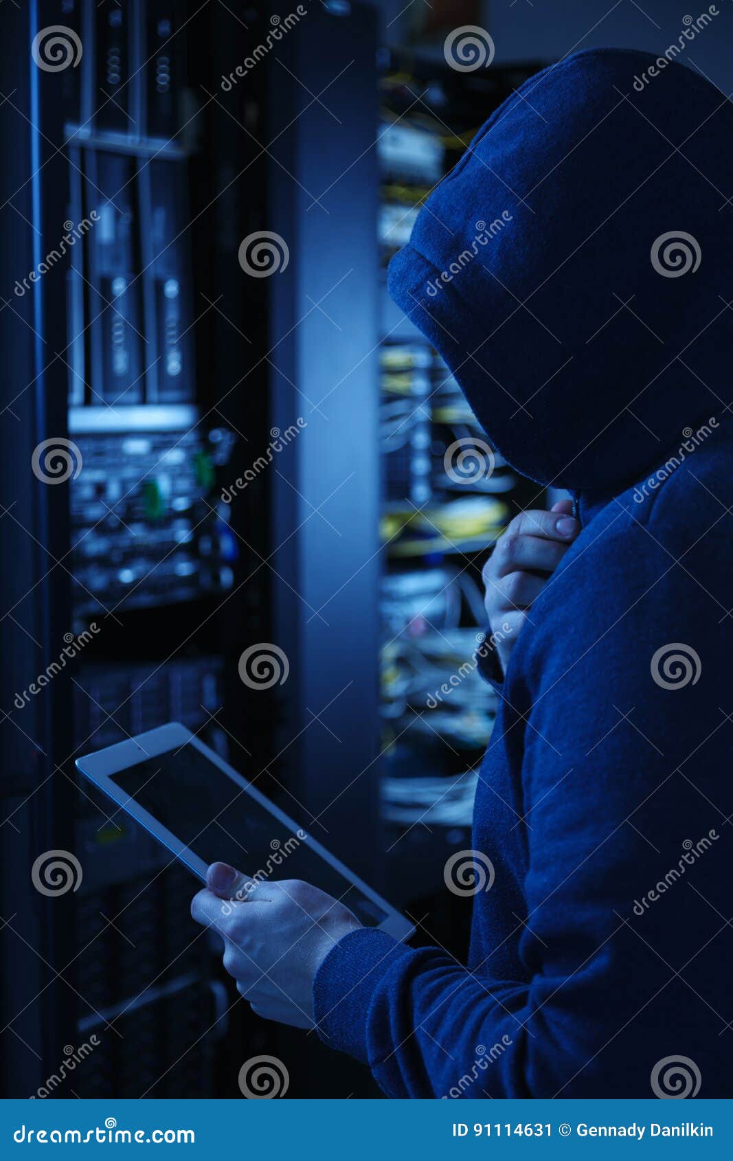 Hooded Computer Hacker Stealing Information with Tablet PC Stock Image ...