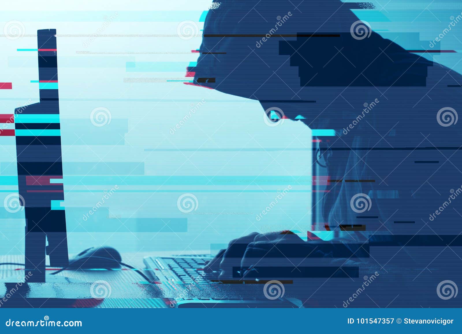 Hooded Computer Hacker Working on Desktop PC Computer Stock Image ...