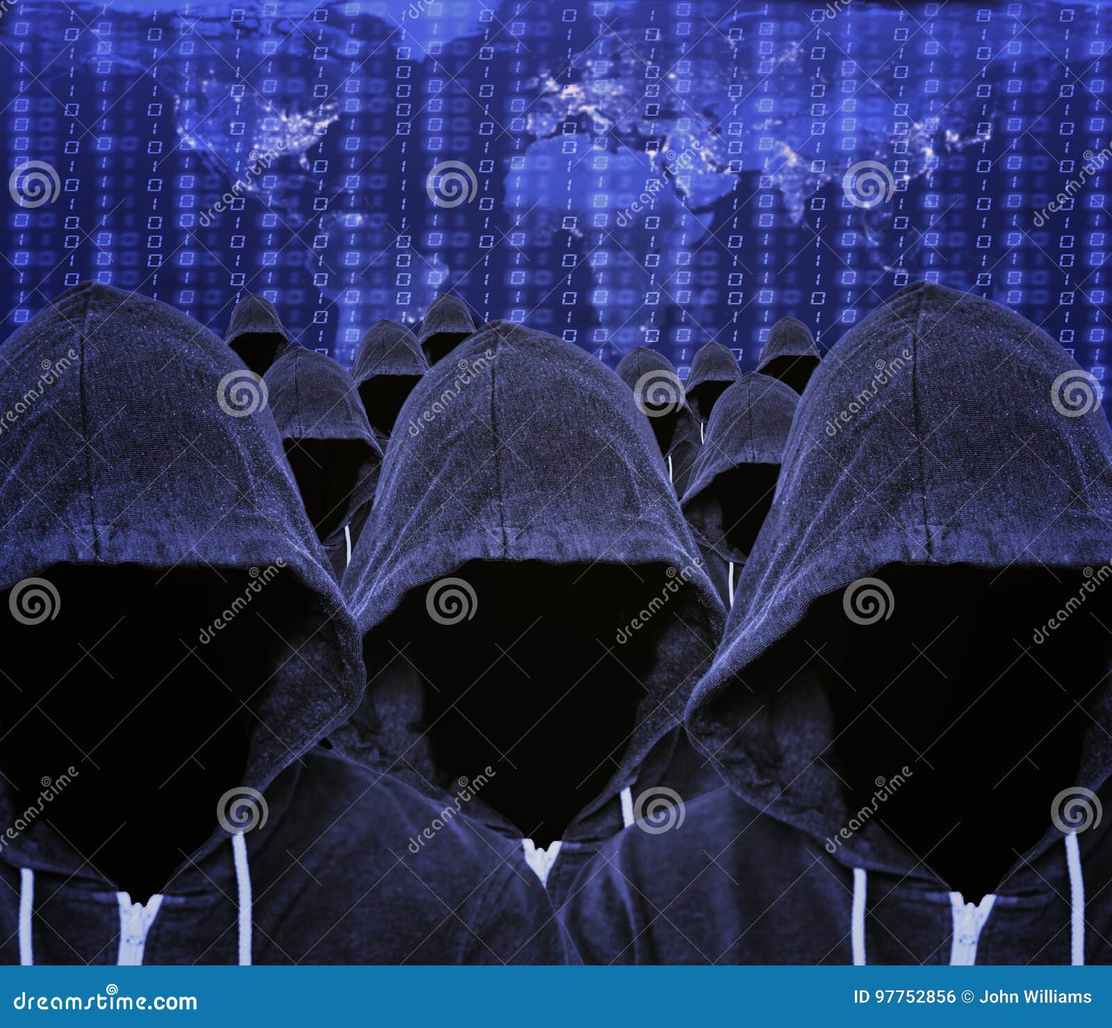 Hooded Computer Hackers with Global Internet Map and Binary Code Stock ...