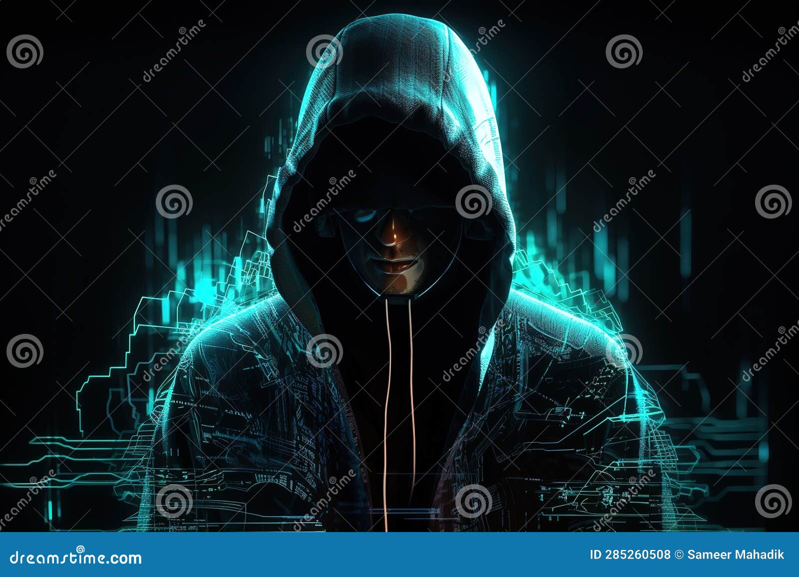 Hooded Cyber Hacker with Black Background with Blue Outlines ...