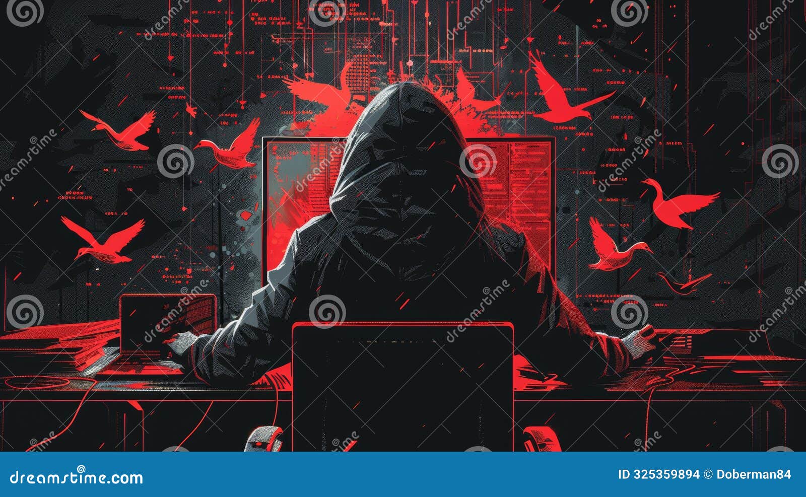 Hooded Figure at Computer Surrounded by Red Code and Flying Birds ...
