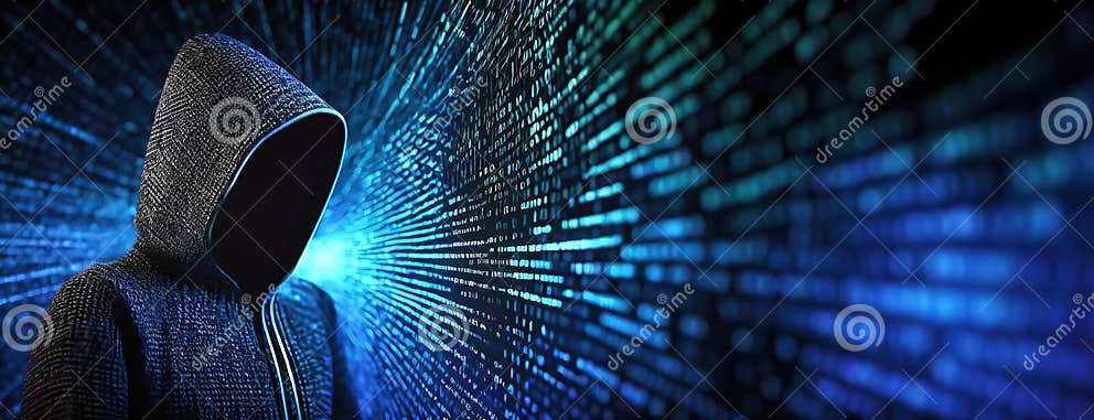 Hooded Figure in a Dark, Futuristic Setting with Binary Code Patterns ...