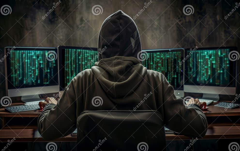 Hooded Figure in Front of Multiple Monitors Displaying Falling Green ...
