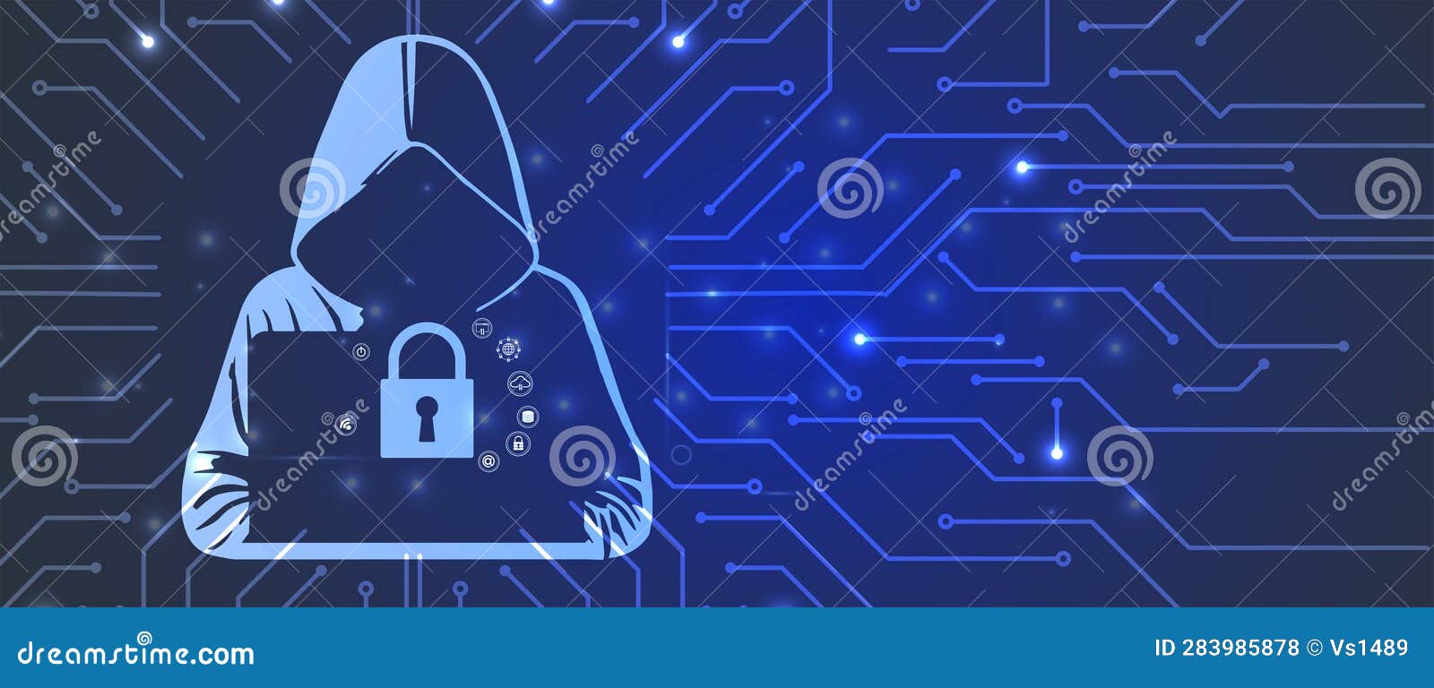 The Hooded Hacker from Behind Standing among Working Servers. Security Technology Stock Vector ...