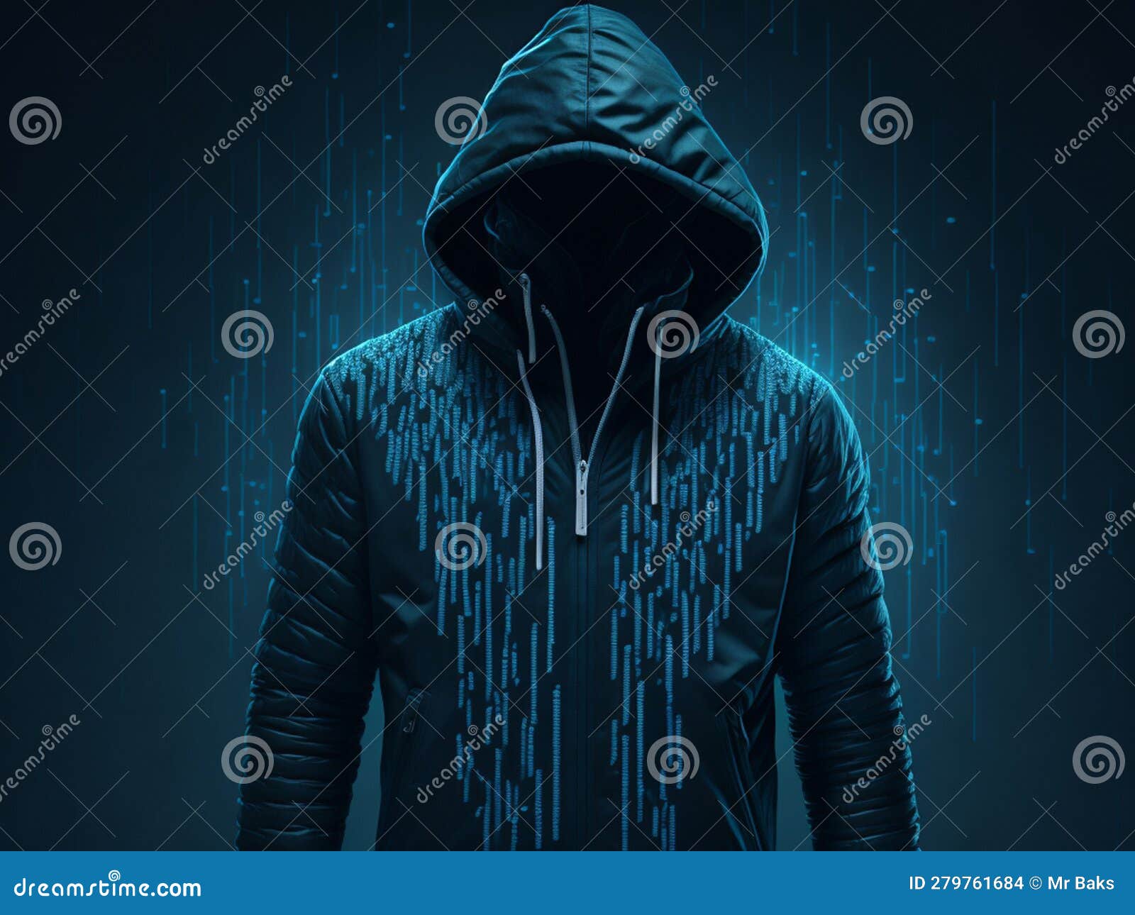 A Hooded Hacker With A Binary Code On A Dark Background Stock