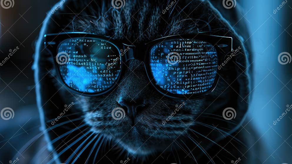 Hooded Hacker Cat Works at Computer in Dark Room, Cyber Data Reflected ...