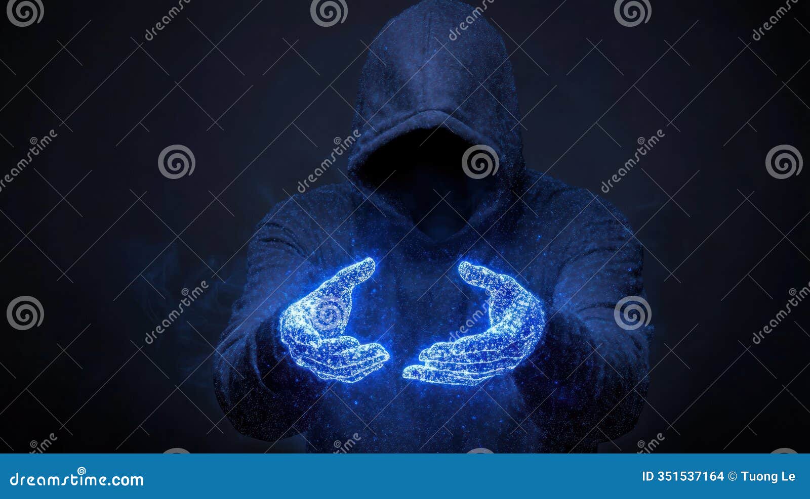 Hooded Hacker Conjuring Digital Data with Glowing Hands in Virtual ...