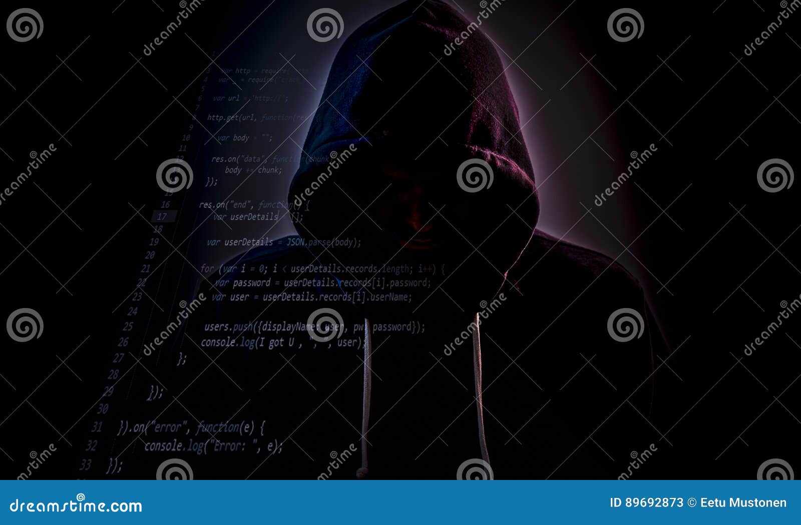 Hooded Hacker in Dark with Code Stock Image - Image of privacy, hoodie ...