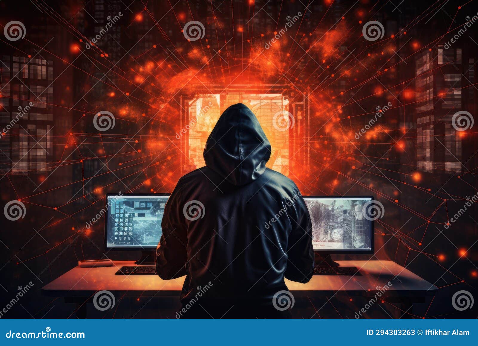 Hooded Hacker In Front Of Technology Background With Binary Code