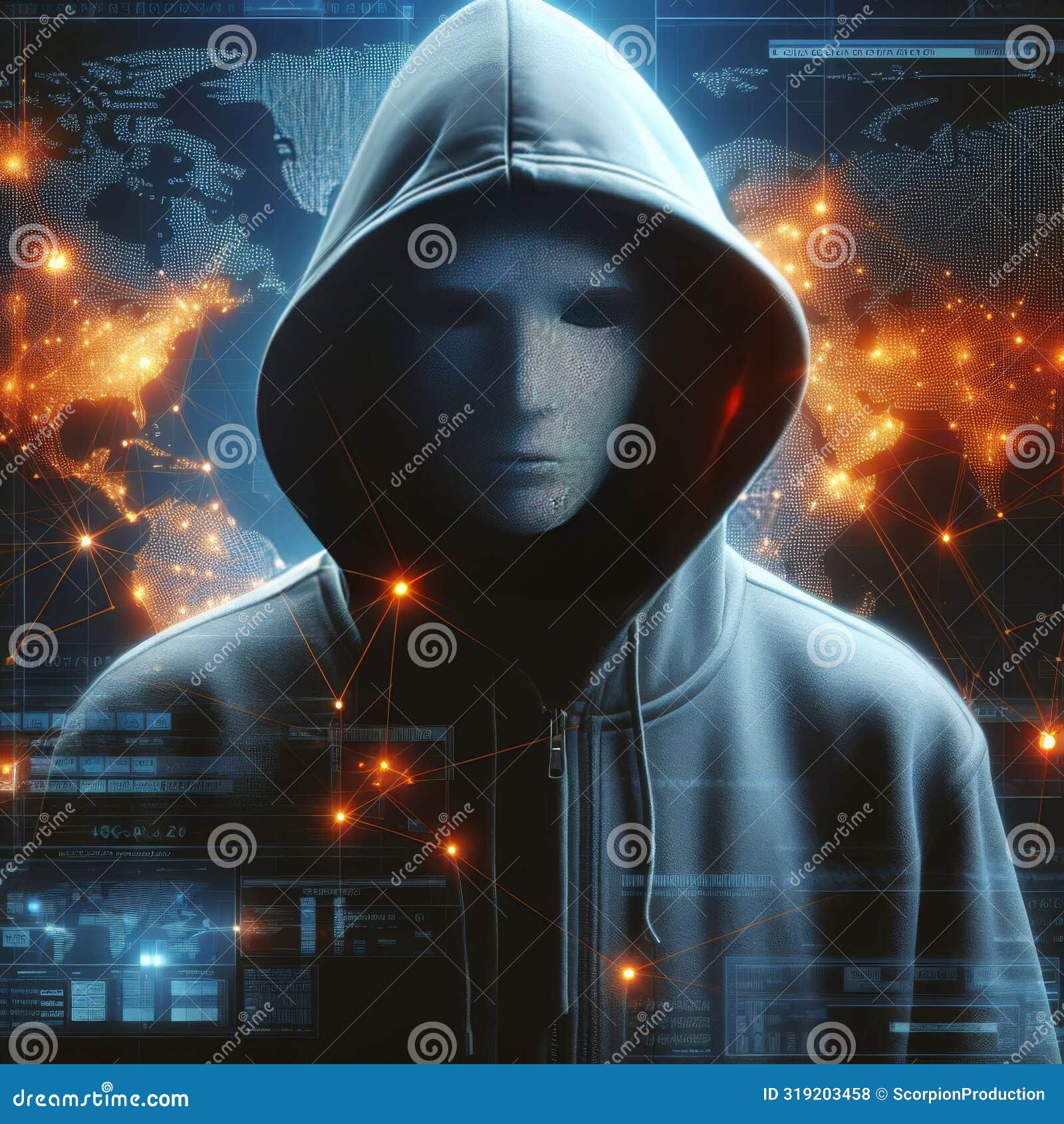 Hooded Hacker with Global Network Background Stock Photo - Image of ...