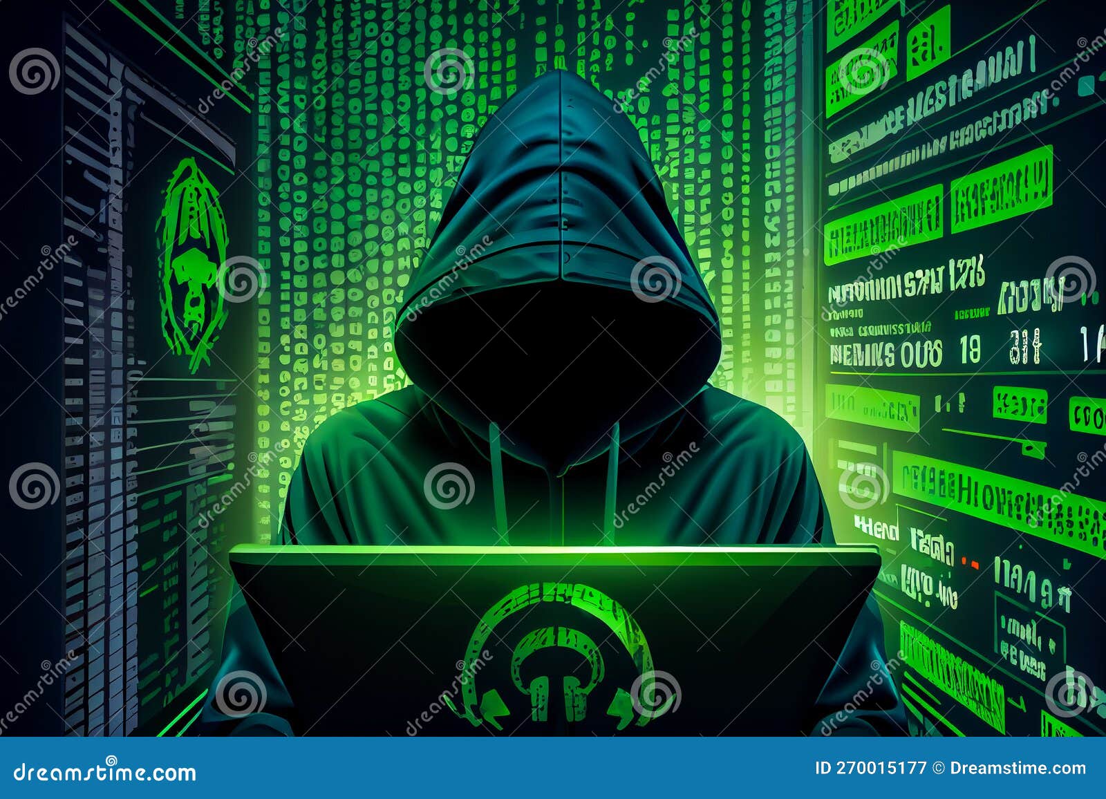 Hooded Hacker on Green Code Background. Generative AI Stock ... Hooded Hacker on Green Code Background. Generative AI Stock ...