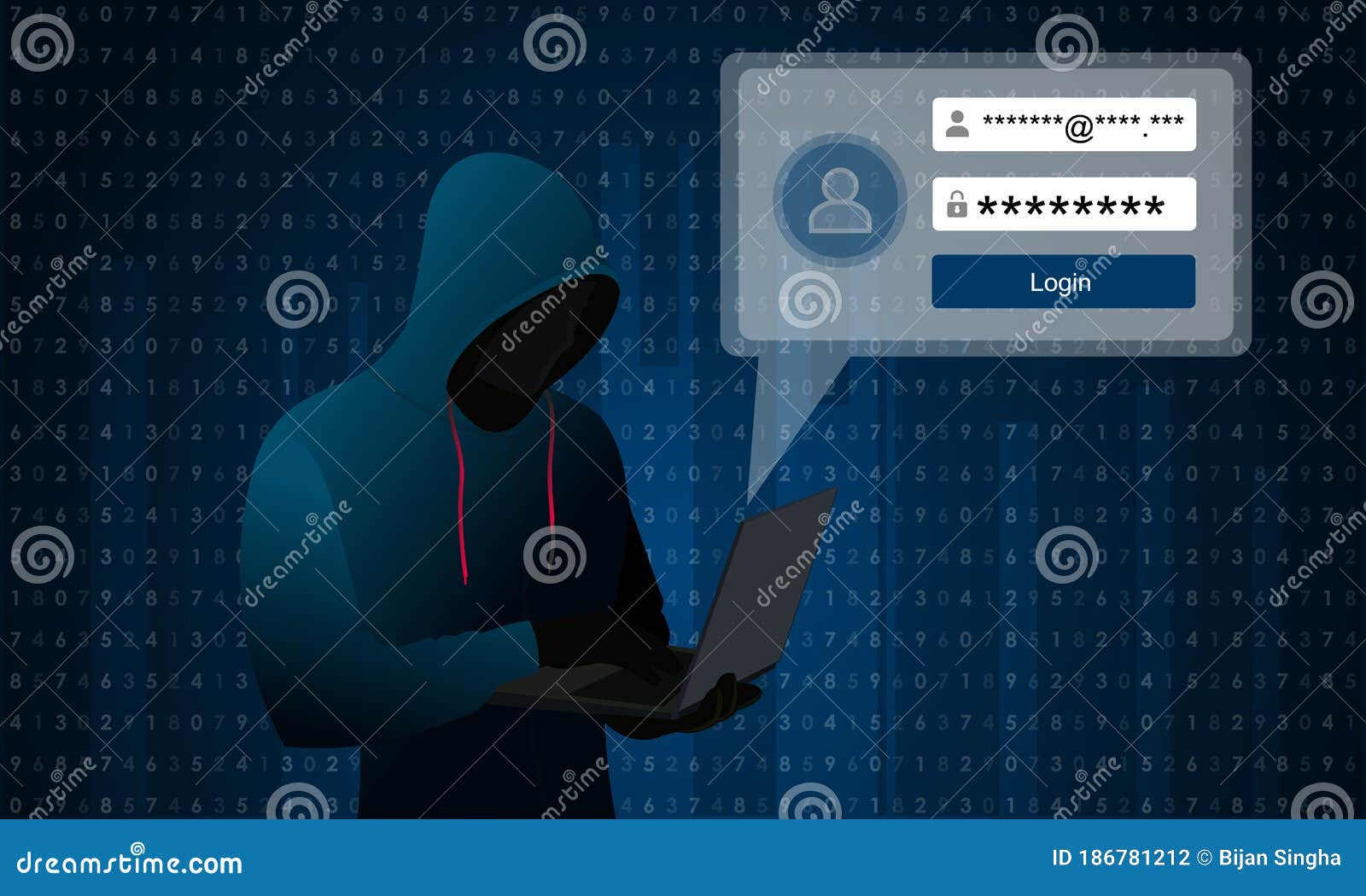 Hooded Hacker Hacking or Trying To Login in, on Binary Code Background Stock Illustration ...