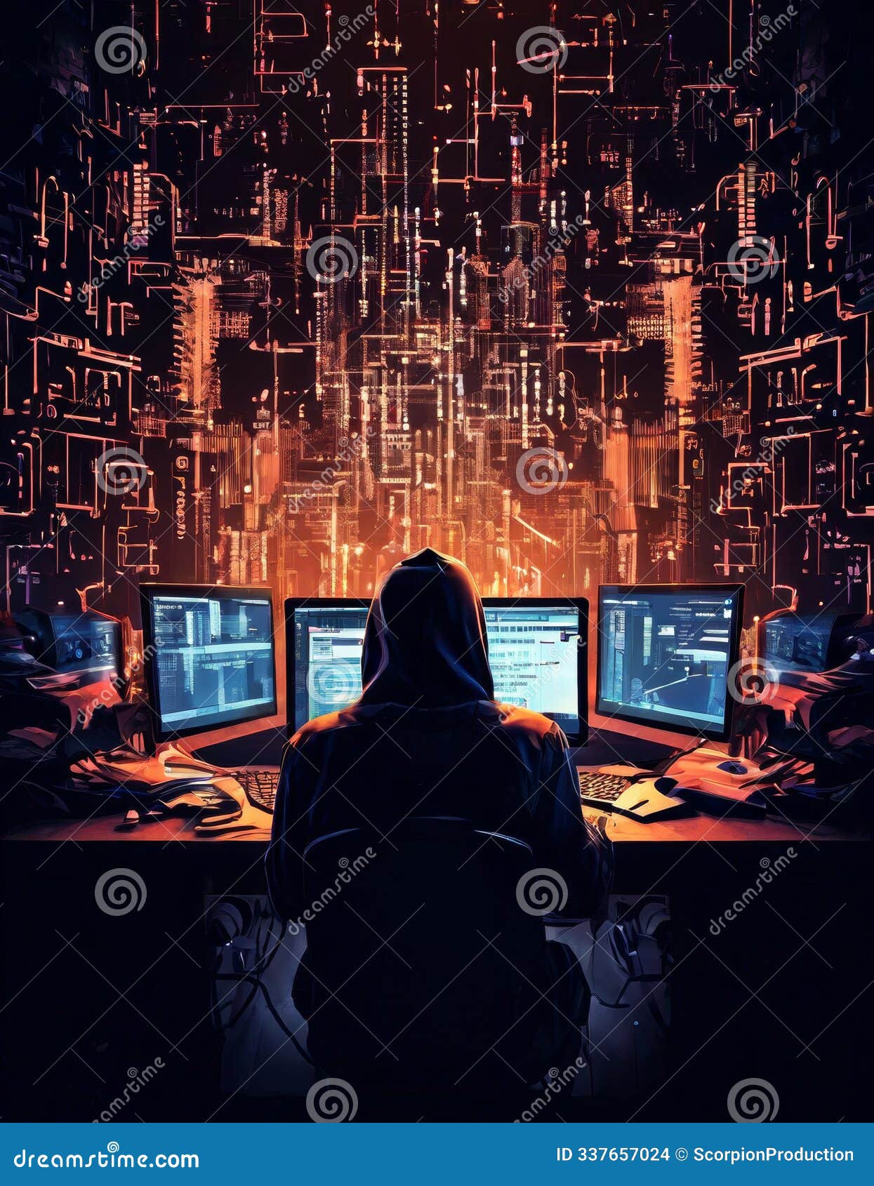 Hooded Hacker in a High-tech Room with Multiple Monitors Stock Photo ...