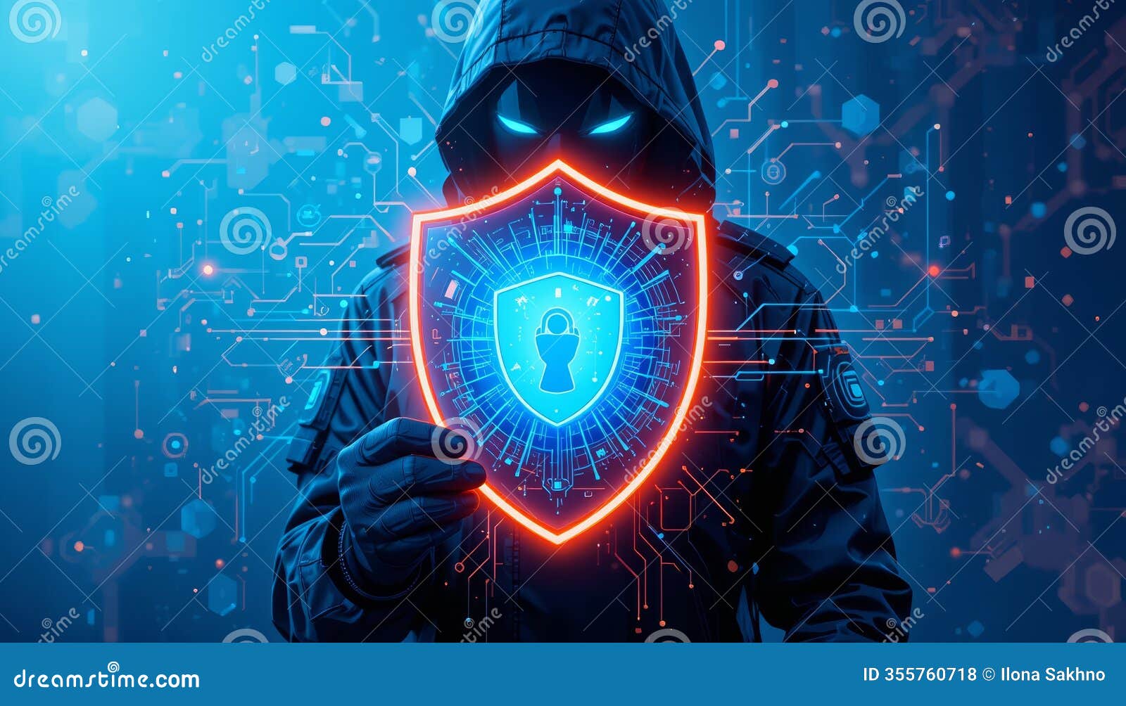 Hooded Hacker Holding a Glowing Shield in a Digital Environment Stock ...