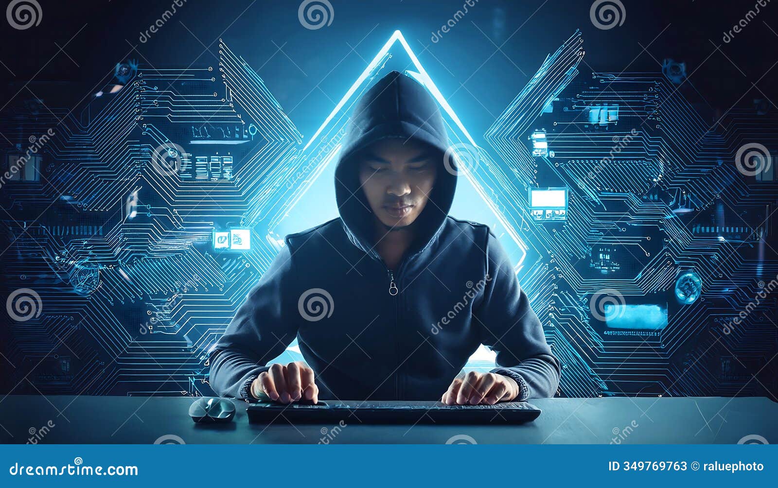 Hooded Hacker At Keyboard Digital Data Streams Cybercrime Concept