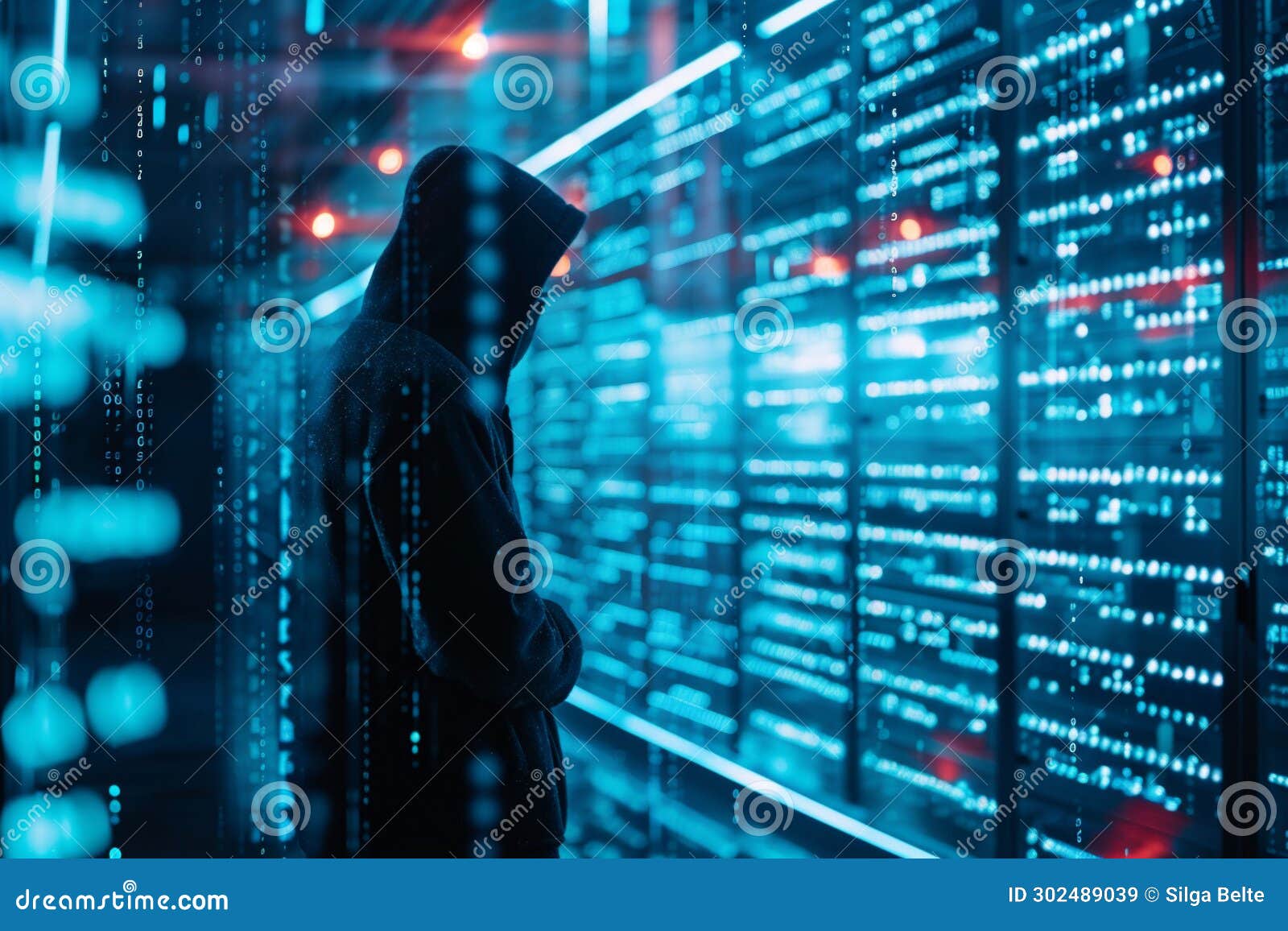 A Hooded Hacker Looking at Data Server Storage. Cybersecurity, Stolen ...