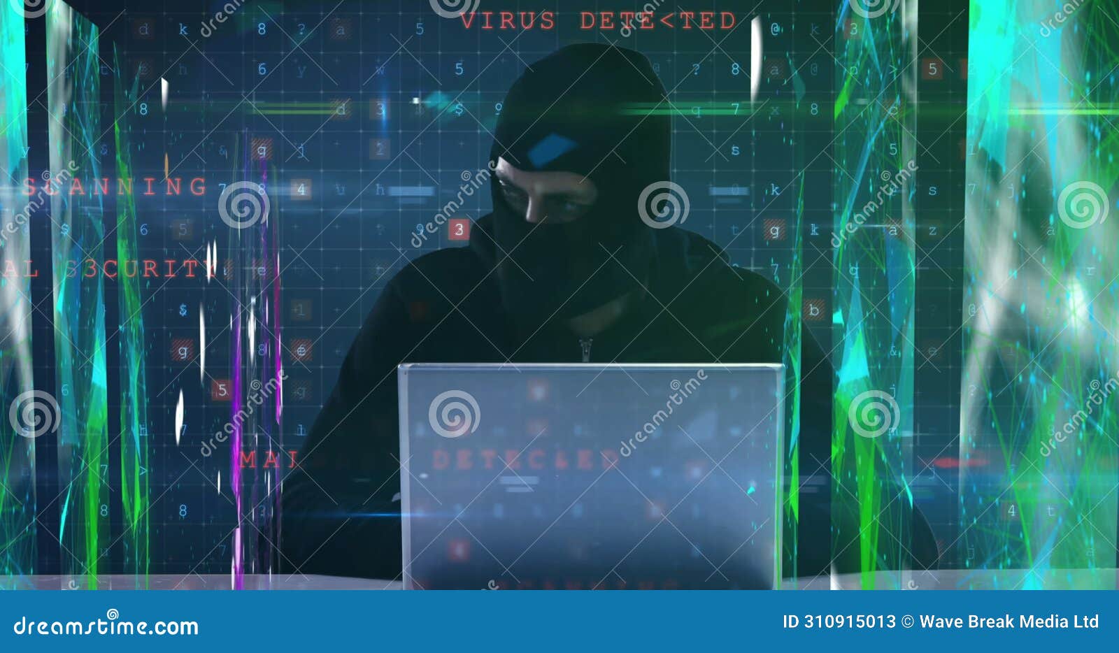 Hooded Hacker Manipulates Colorful Web Connections on Screens Via ...