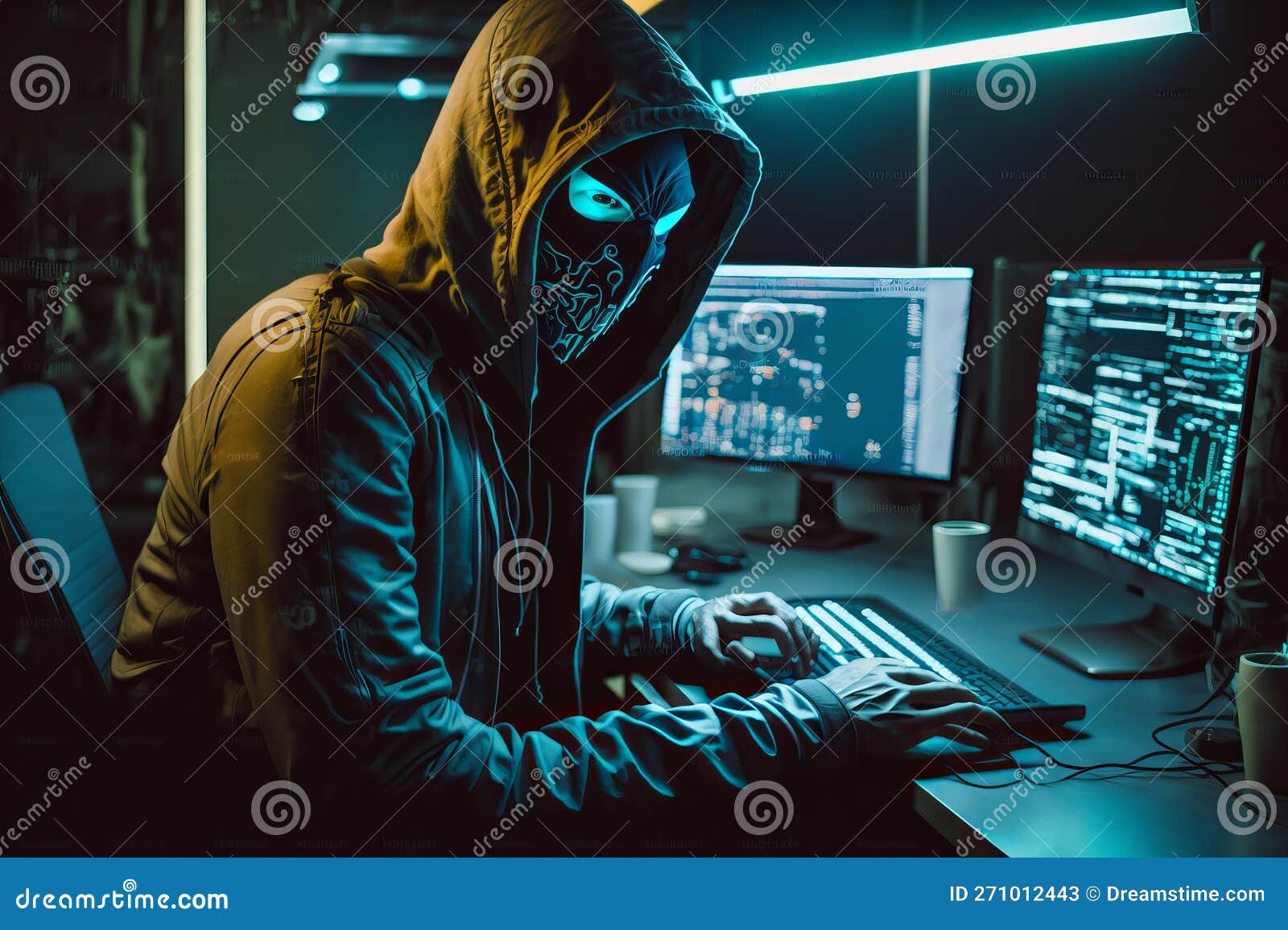 Hooded Hacker with Mask Using Laptop Break or Attack into Data Server. Hacking, Coding or ...