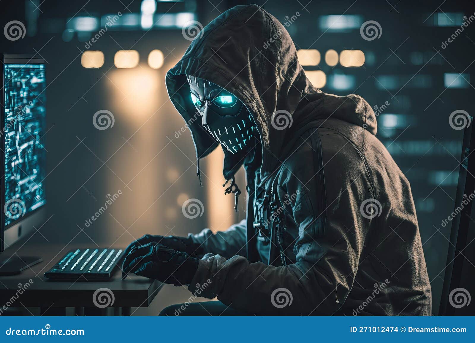 Hooded Hacker with Mask Using Laptop Break or Attack into Data Server ...