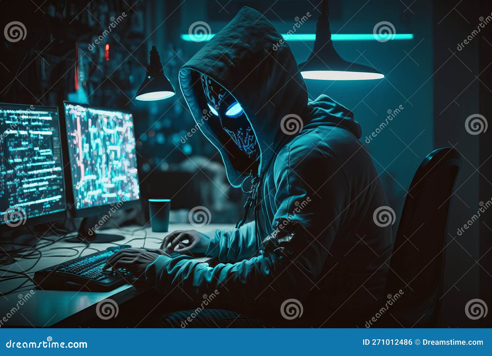 Hooded Hacker with Mask Using Laptop Break or Attack into Data Server ...