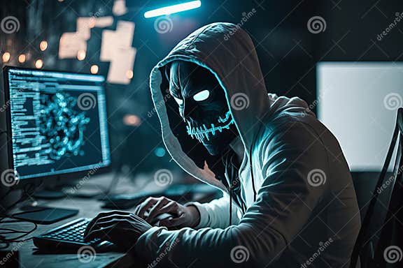 Hooded Hacker with Mask Using Laptop Break or Attack into Data Server ... Hooded Hacker with Mask Using Laptop Break or Attack into Data Server ...