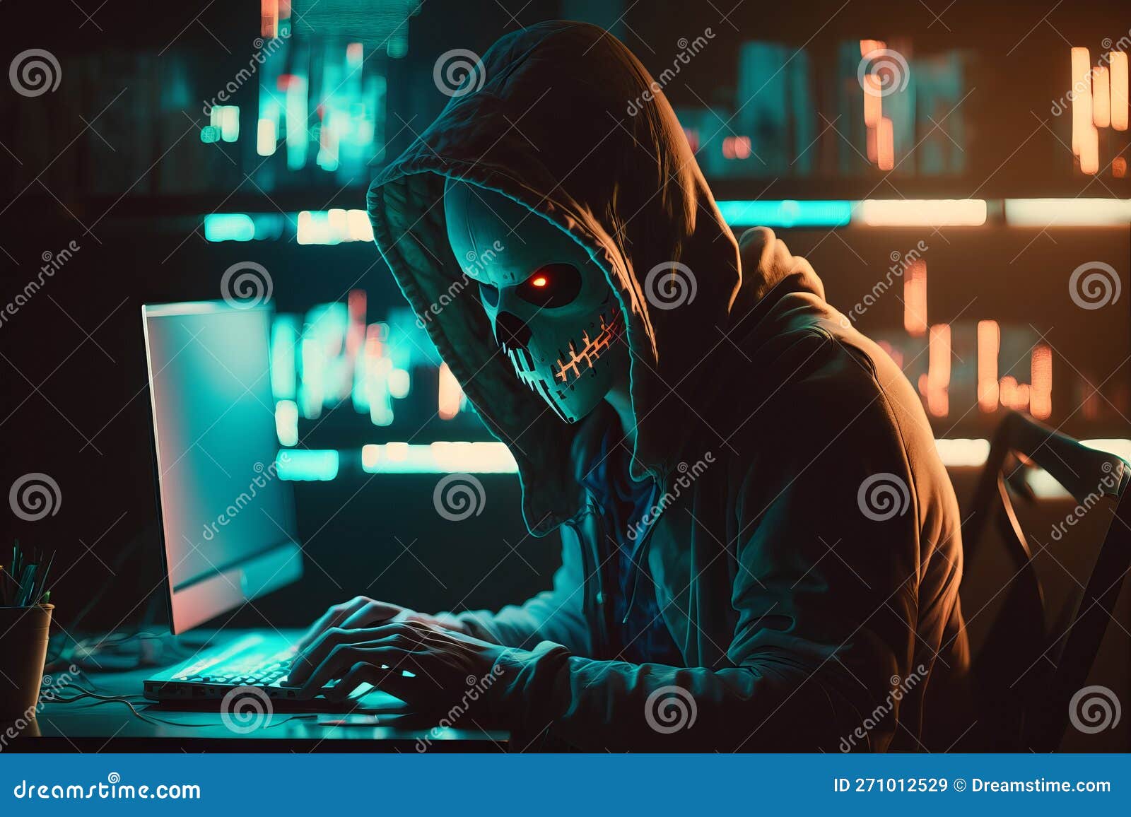 Hooded Hacker With Mask Using Laptop Break Or Attack Into Data Server Hacking Coding Or