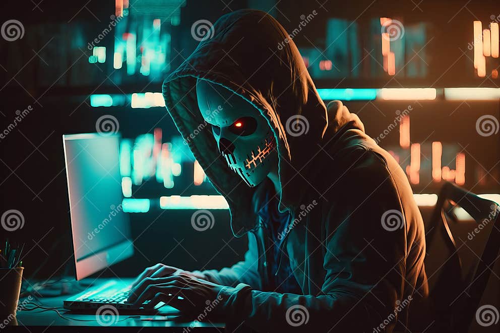 Hooded Hacker with Mask Using Laptop Break or Attack into Data Server ...