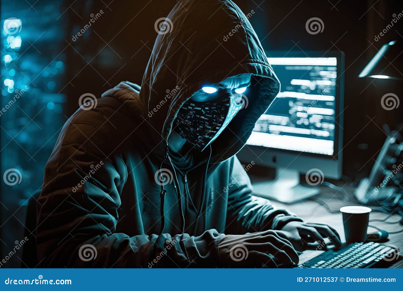 Hooded Hacker with Mask Using Laptop Break or Attack into Data Server ...