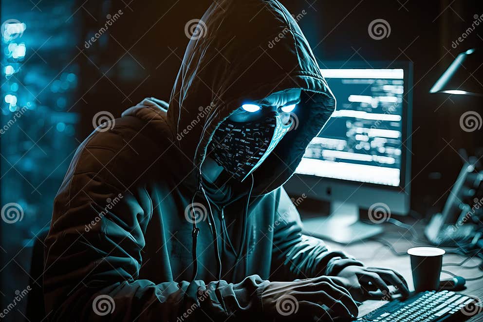 Hooded Hacker with Mask Using Laptop Break or Attack into Data Server ...
